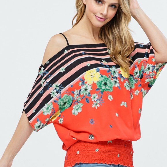 Tops | Open Shoulder Floral Stripe Adjustable Strap Top | Poshmark